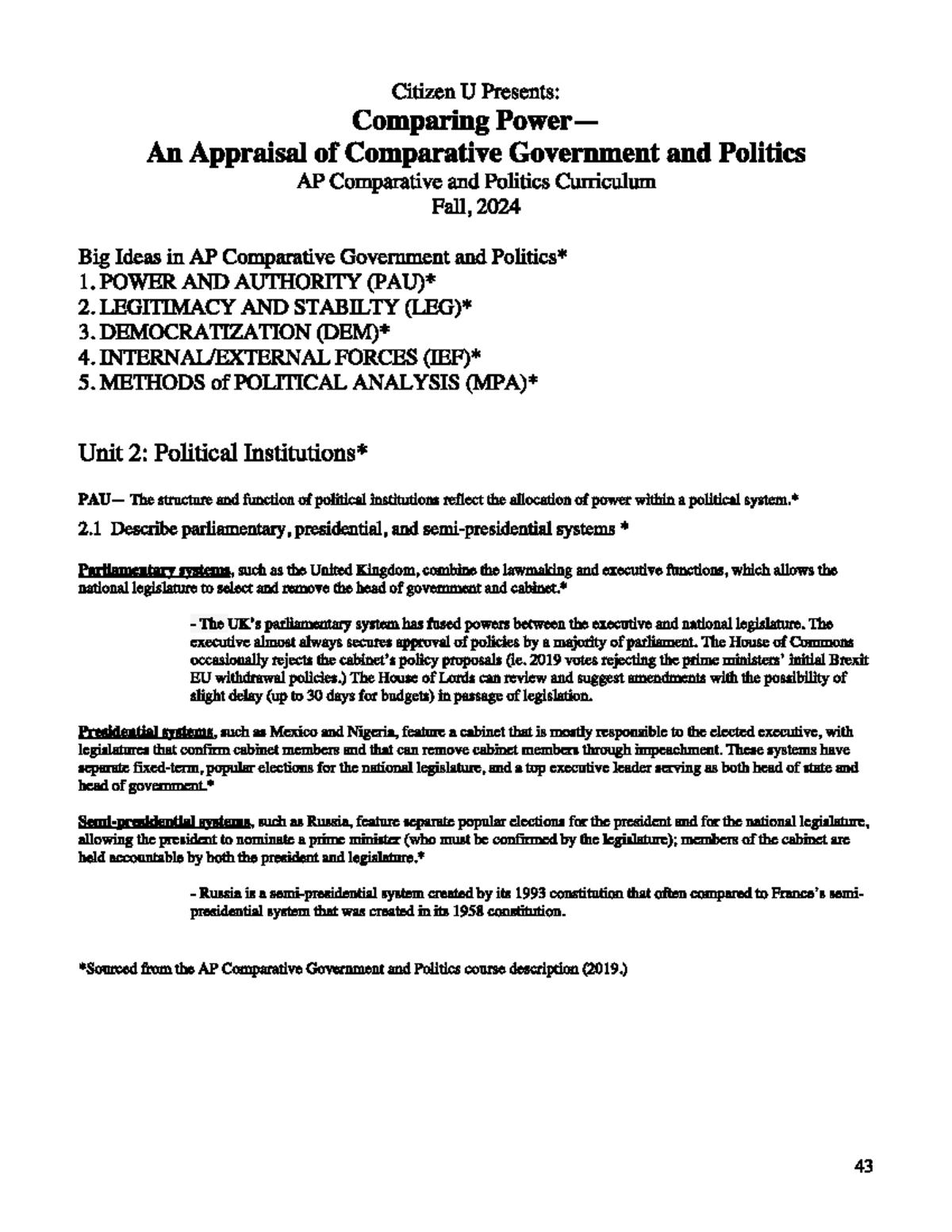 AP Comparative Government Unit 2: Power, Authority, and Political ...