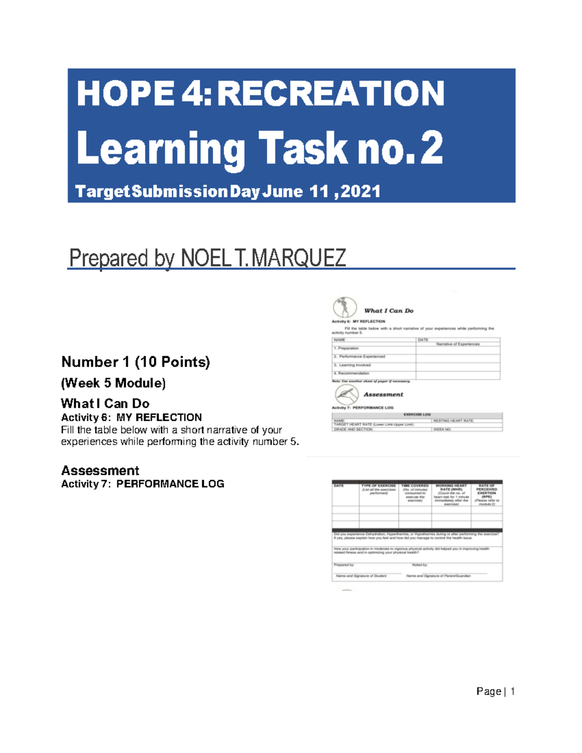 HOPE 4 LT 2 & PT 2 - Reflection and Performance Log Activities - Studocu