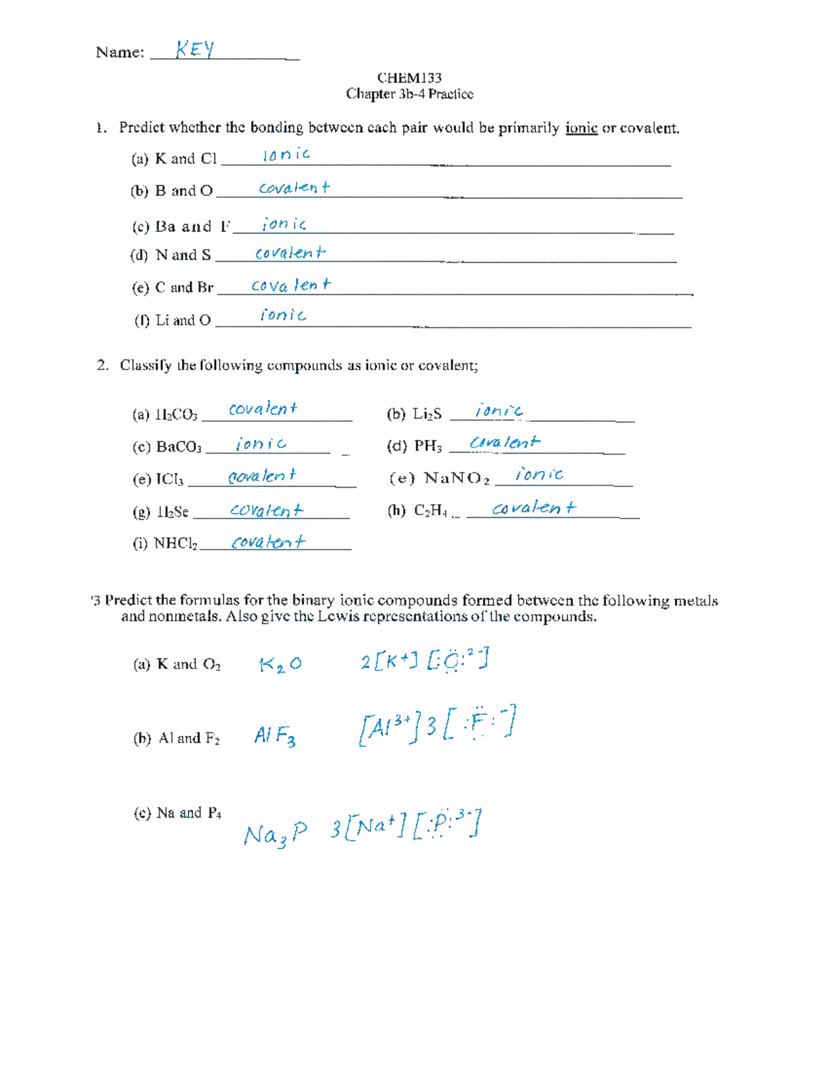 KEY CHEM133 Chapter Practice 1: Ionic vs Covalent Bonding Analysis ...