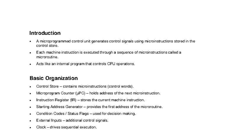 Microprogrammed Control Unit Overview: Key Concepts and Functions - Studocu