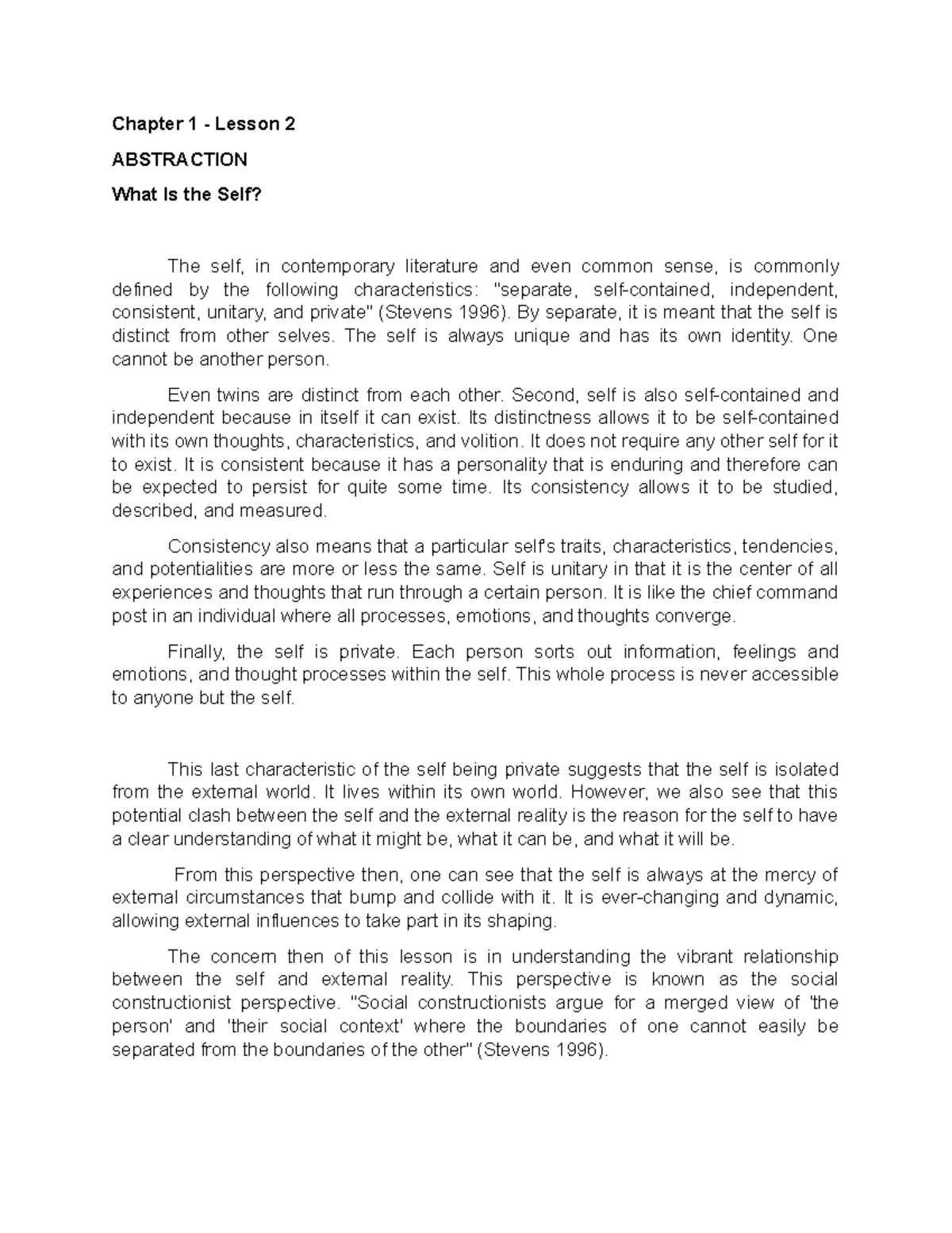 What is the Self - Chapter 1 - Lesson 2 ABSTRACTION What Is the Self ...