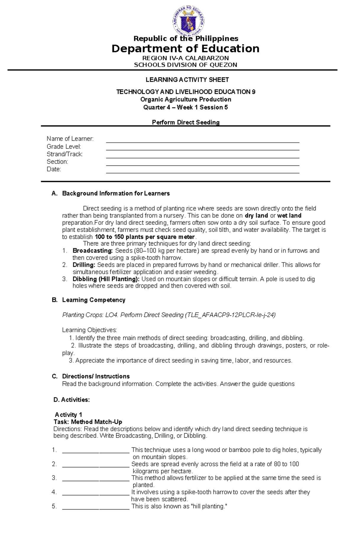 Perform Direct Seeding: TLE 9 Q4 W1 Session 5 Learning Activity Sheet ...