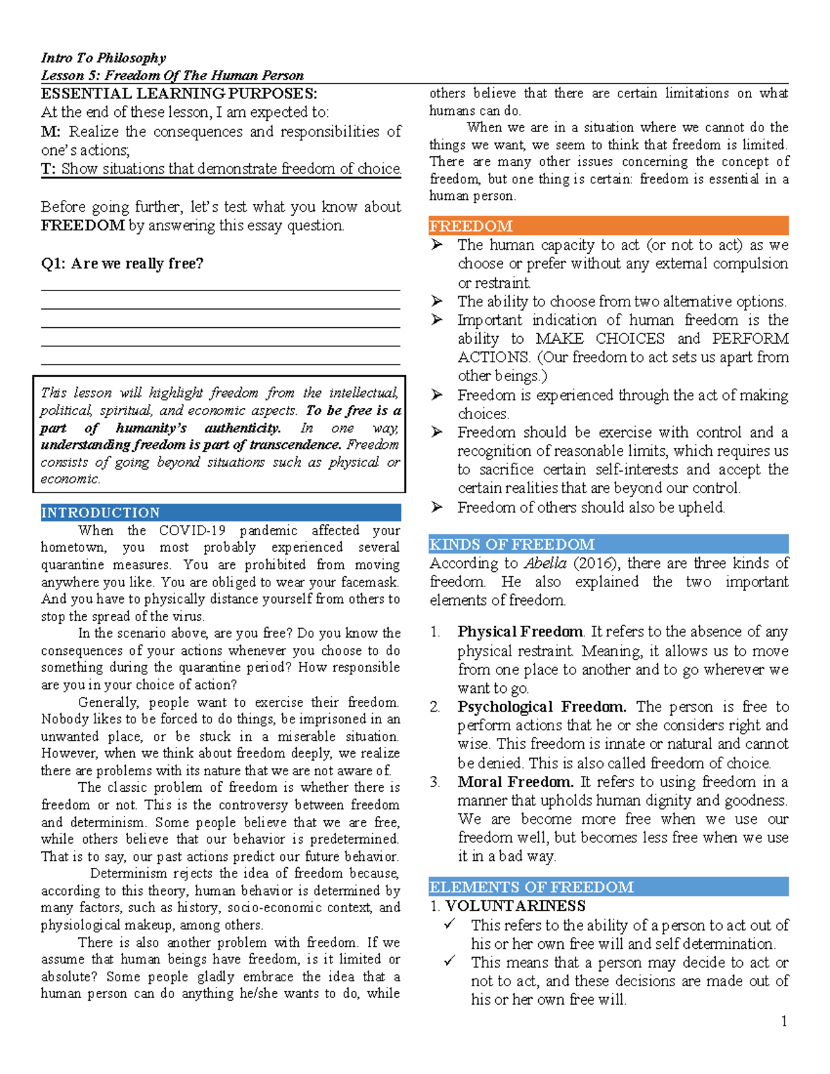 Lesson 5 Handout: Understanding Freedom in the Human Context - Studocu