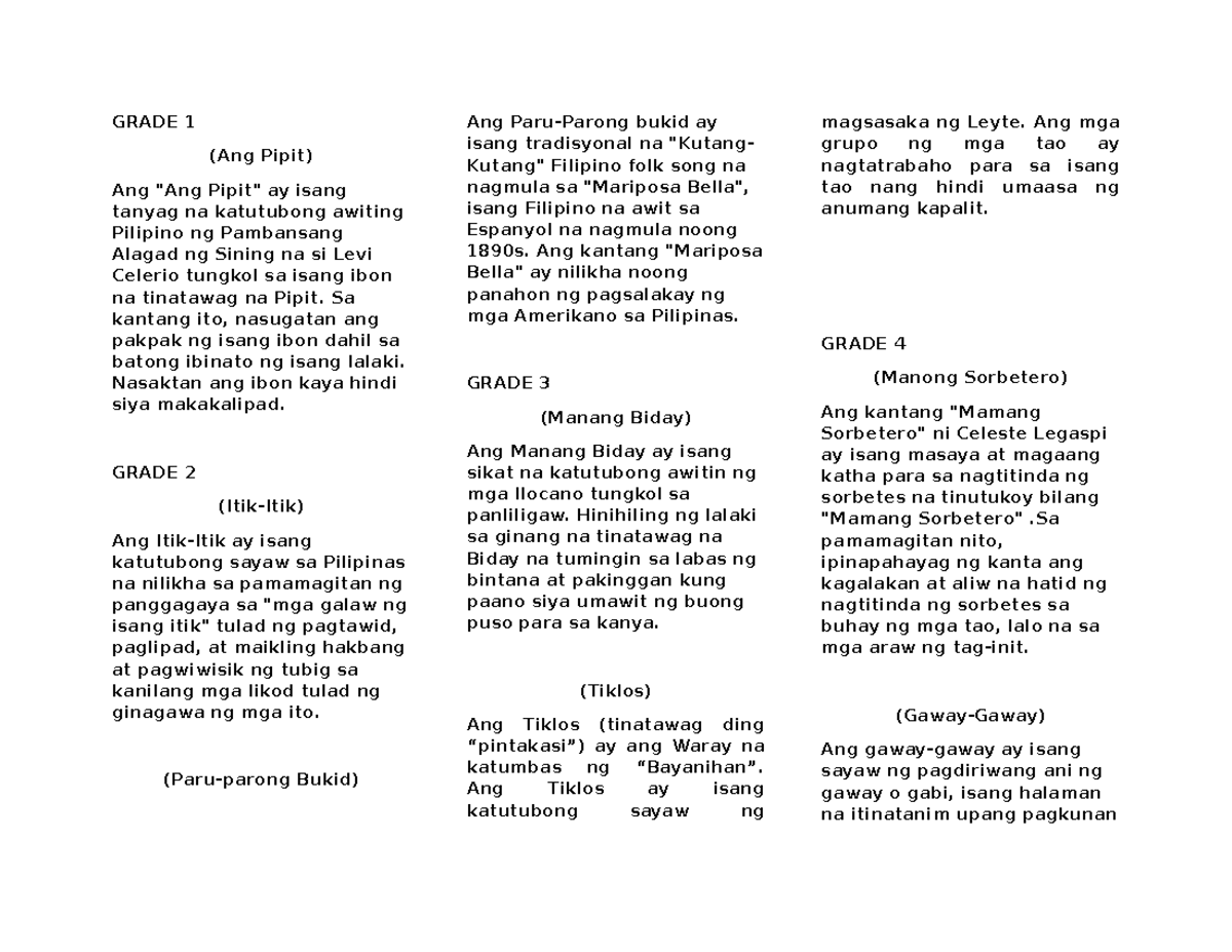 Katutubong Sayaw at Awit sa Baitang 1-4: Isang Pagsusuri - Studocu