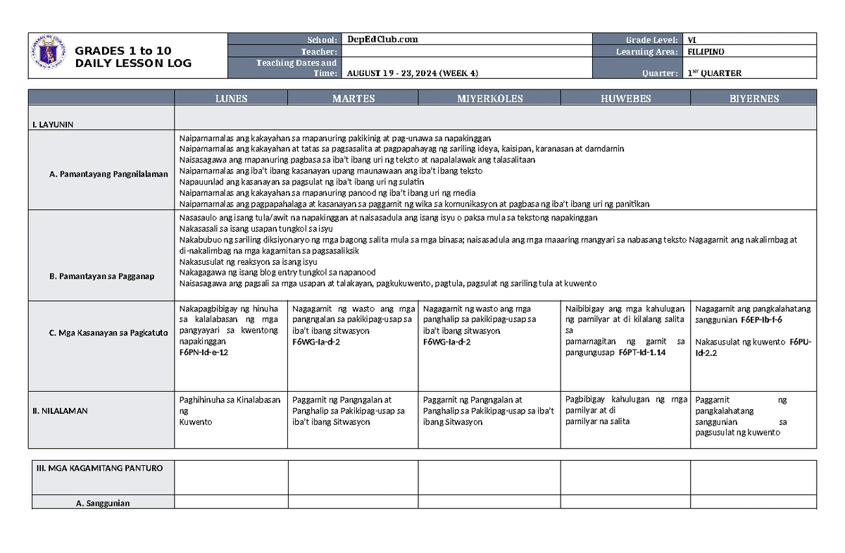 DLL Filipino 6 Q1 Week 1 Lesson Plan and Activities - Studocu