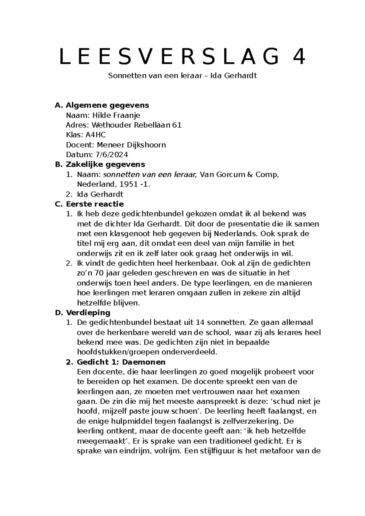 Leesverslag: Sonnetten van een leraar (A4HC) - Ida Gerhardt - Studeersnel