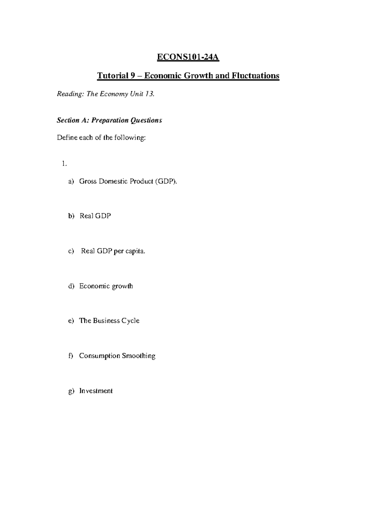 ECONS101 Tutorial 9: Economic Growth & Fluctuations Review - Studocu