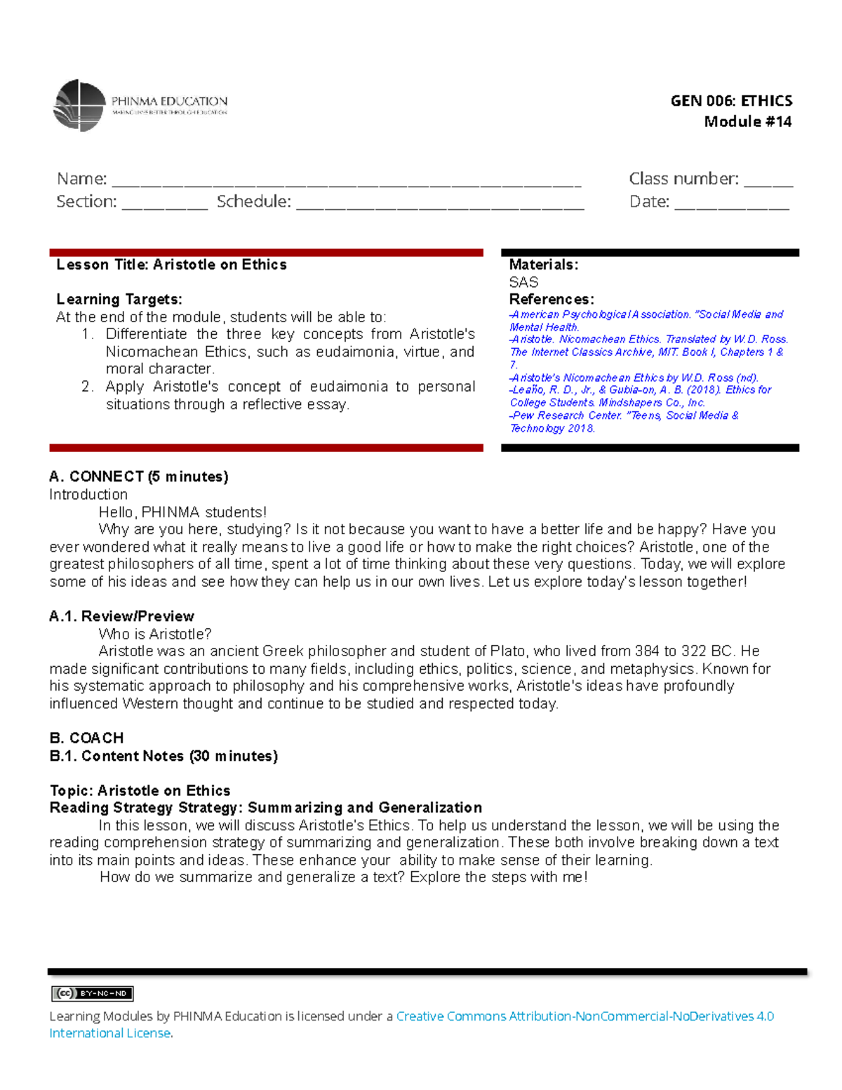 GEN006 - Lesson on Aristotle's Ethics and Eudaimonia - Studocu