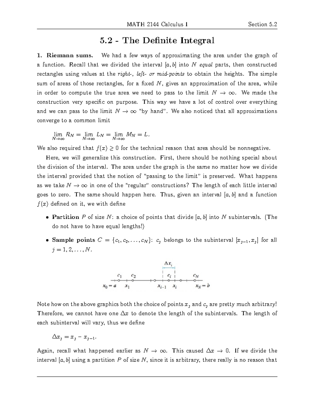 MATH 2144 Calculus I: Section 5.2 - The Definite Integral & Riemann ...