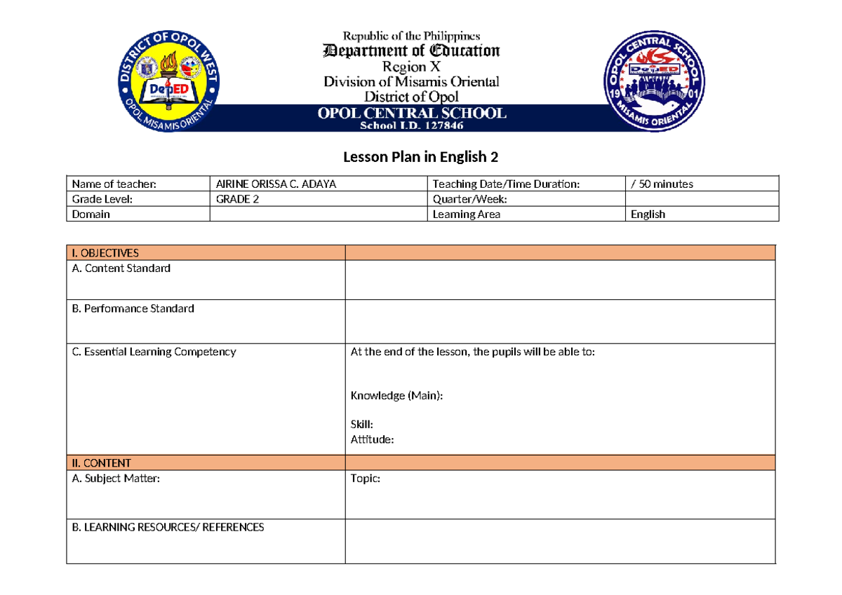 Grade 2 English Lesson Plan by Adaya - 50 Min Teaching Guide - Studocu