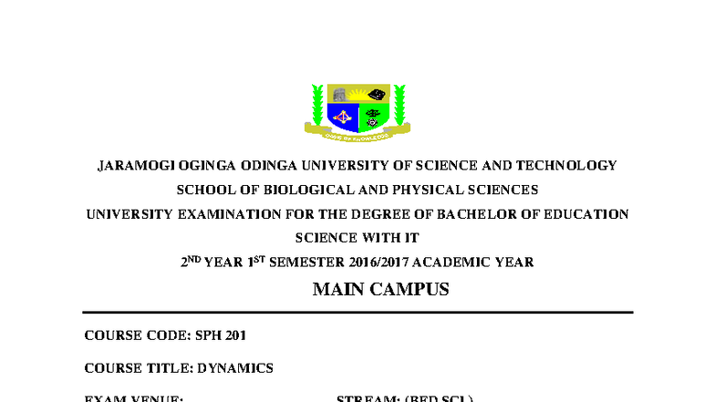 SPH 201 Dynamics - Practice Questions and Solutions - Studocu