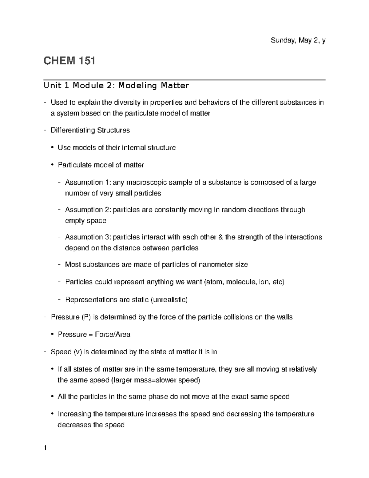 CHEM 151 - Unit 1 Module 2 Lecture Notes on Matter Modeling - Studocu