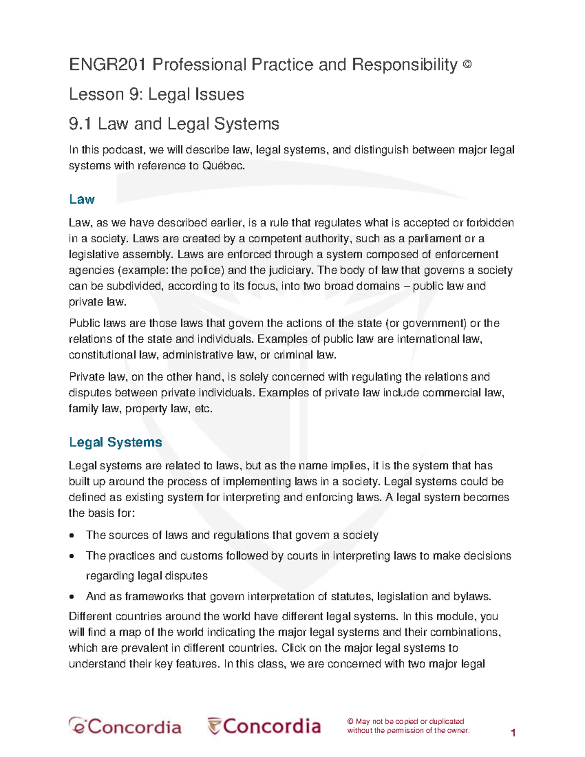 ENGR201 Professional Practice & Responsibility L9: Legal Systems ...