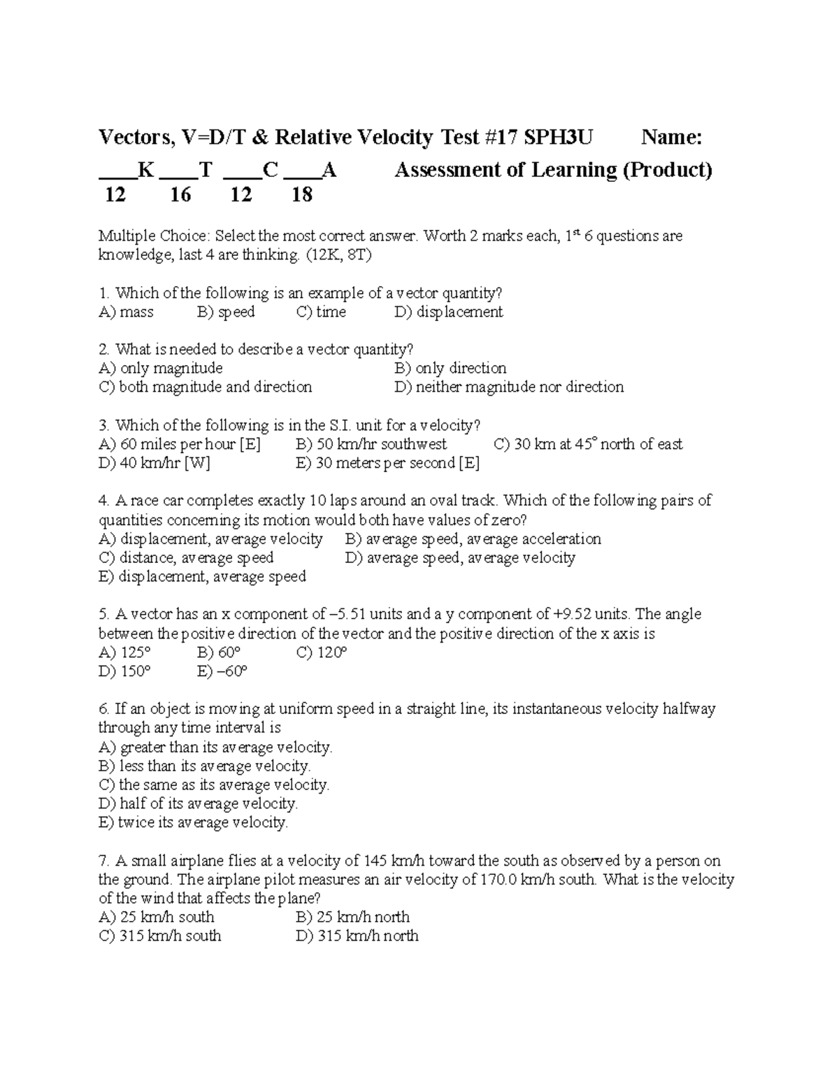 Vectors and Relative Velocity Test Answers SPH3U - Studocu
