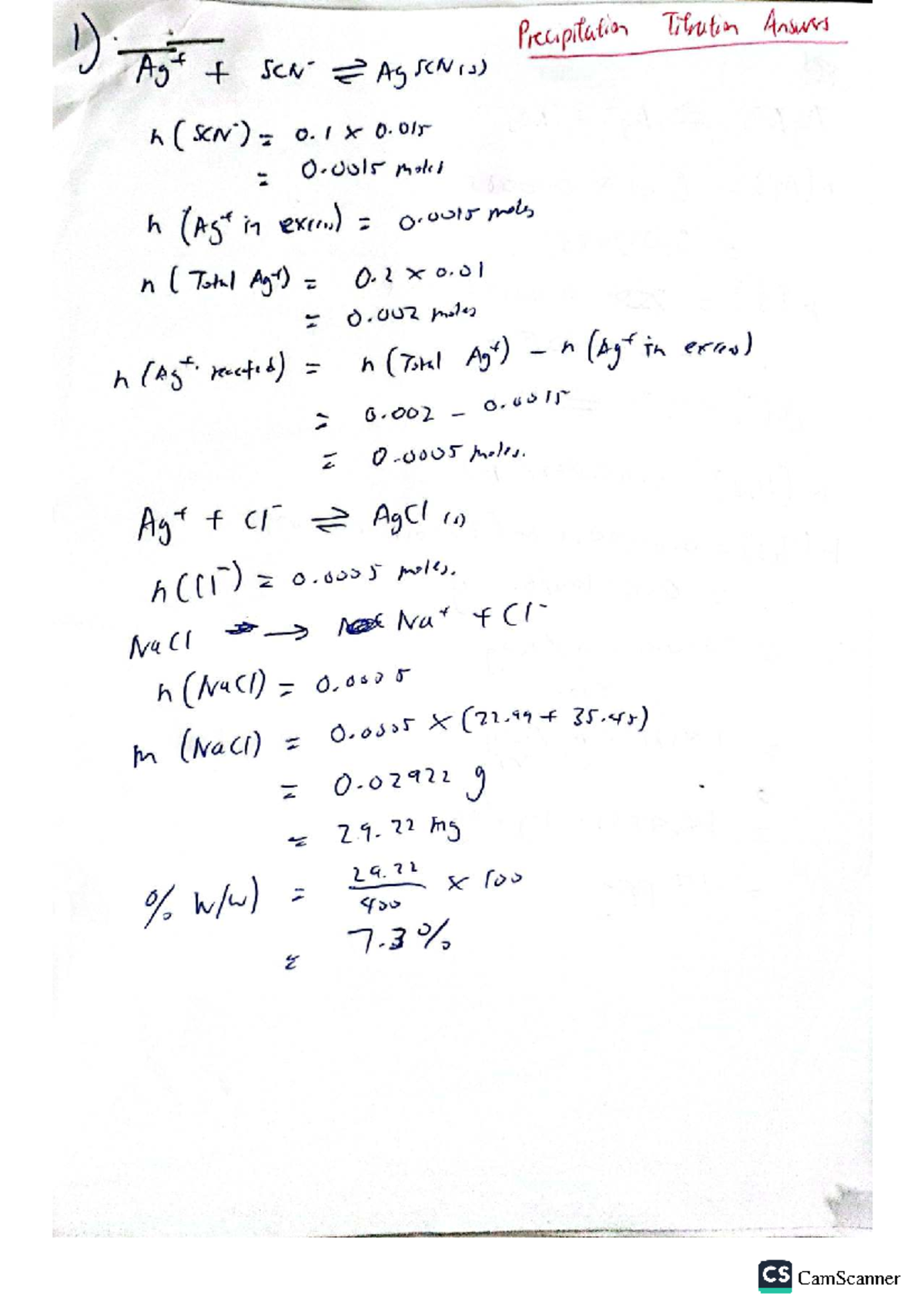 Precipitation Titration Worksheet Answers (Chem 101) - Studocu