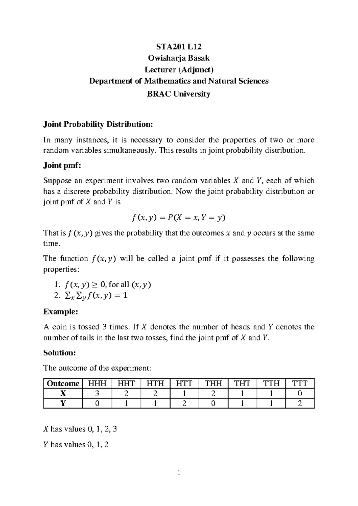STA201 L12 - Lecture Notes on Joint Probability Distributions - Studocu