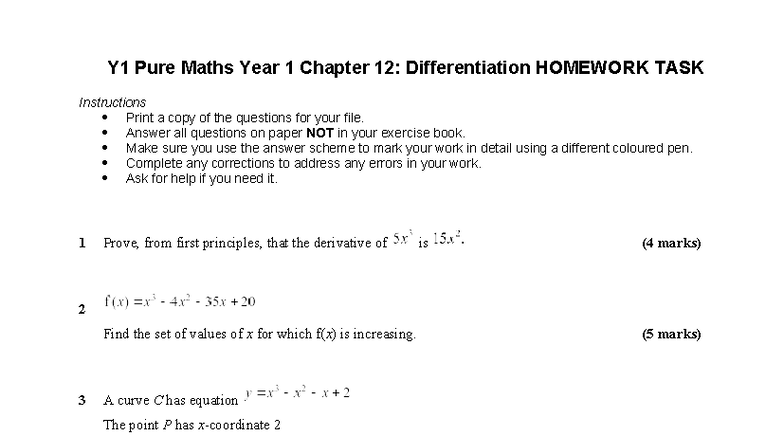 Y1 Pure Maths Ch 12: Differentiation Homework Task - Studocu
