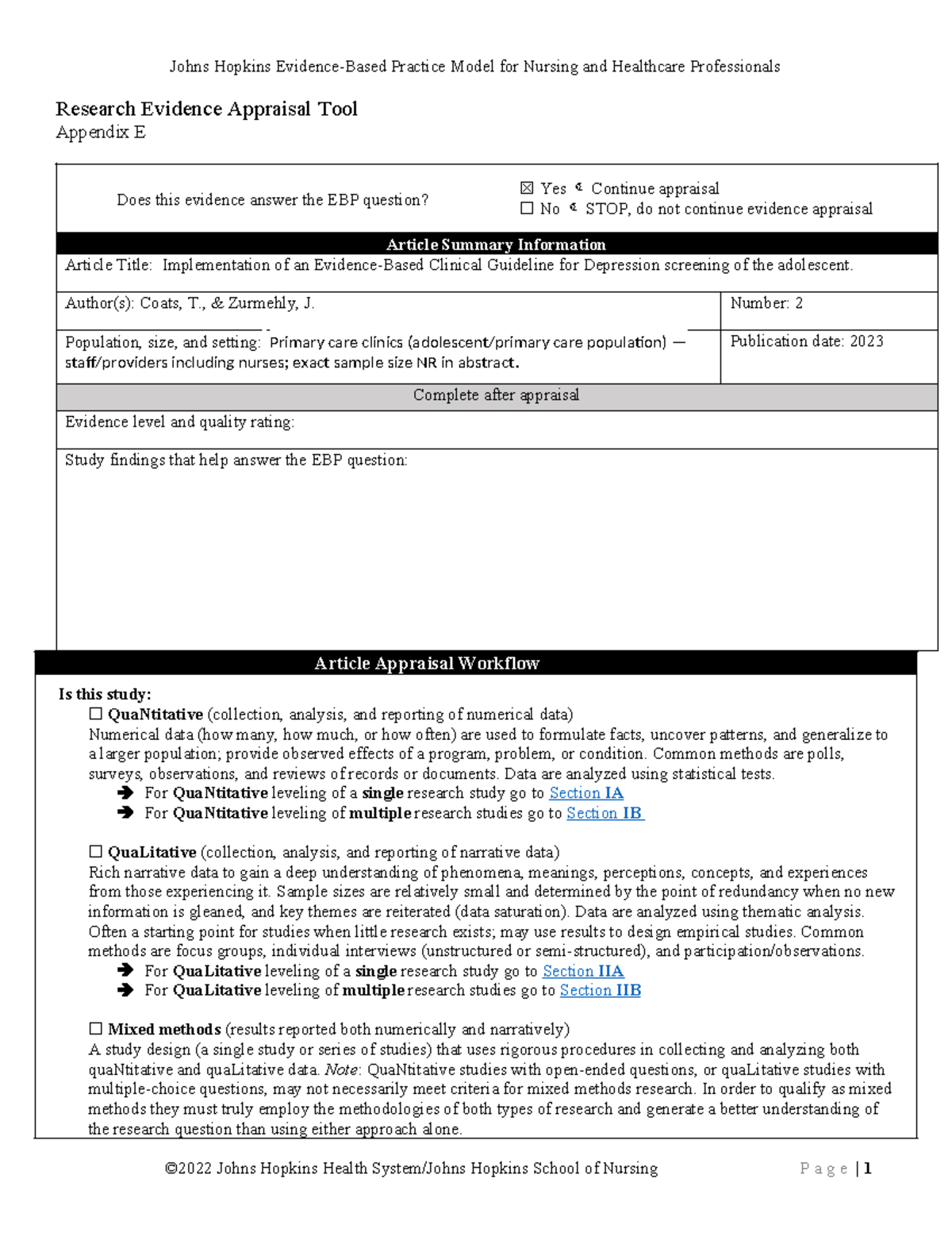 Johns Hopkins Nursing EBP Evidence Appraisal Tool - Appendix E - Studocu