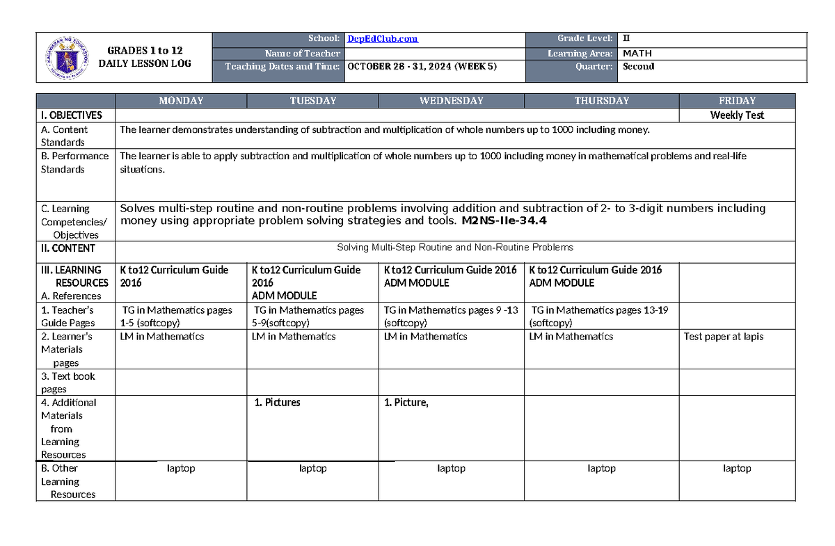 DLL MATH-2 Q2 W5 - Daily Lesson Log for Mathematics Week 5 - Studocu