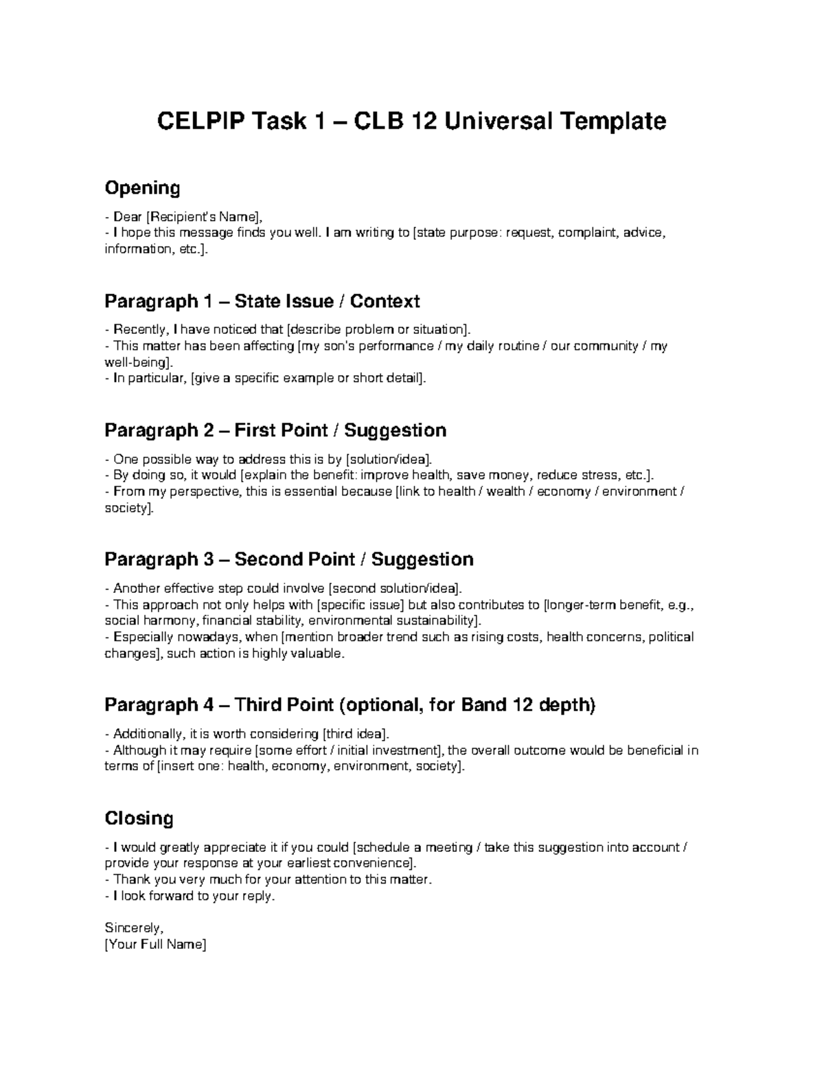 CELPIP Task 1 CLB 12 Universal Template Guide - Studocu