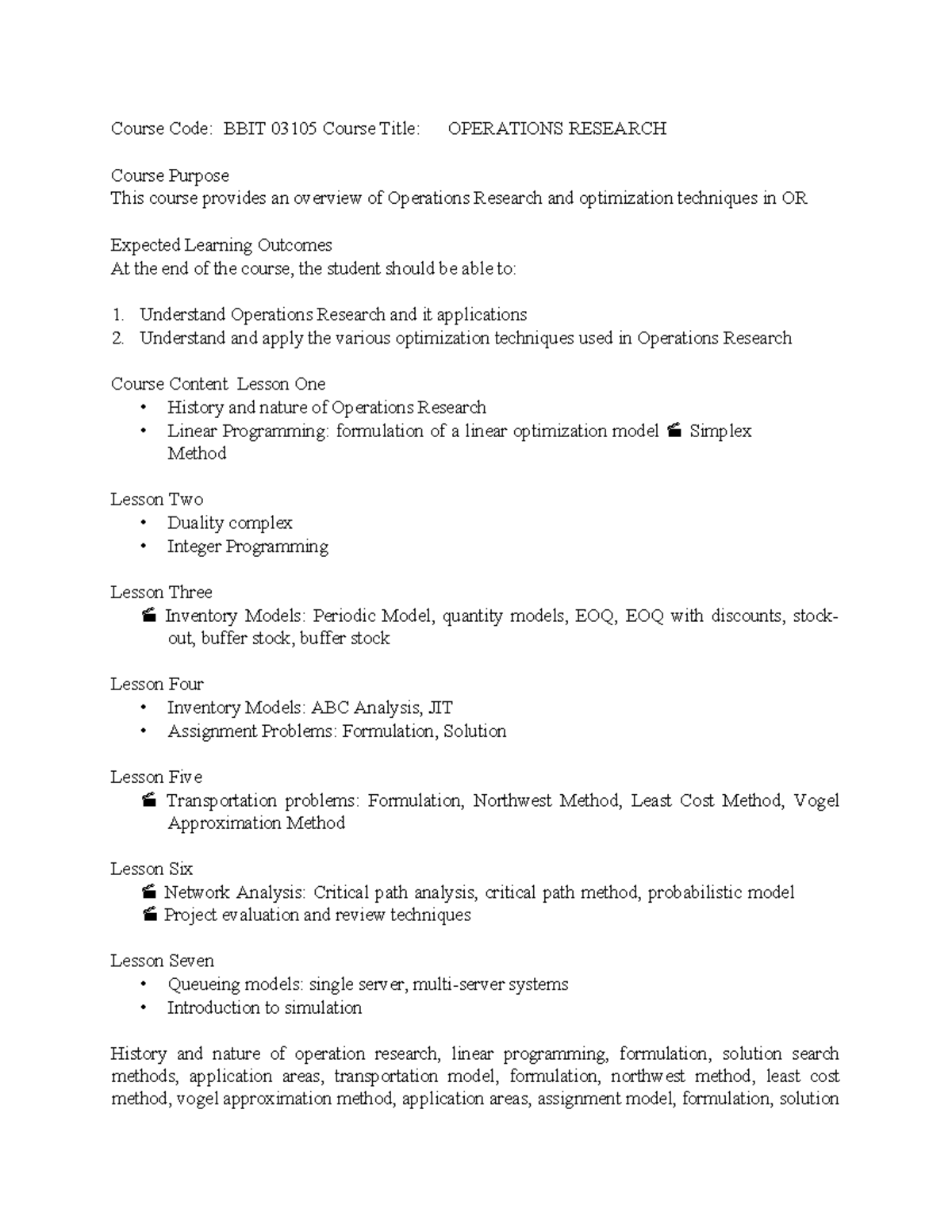 BBIT 03105 - Operations Research Course Outline and Learning Outcomes ...