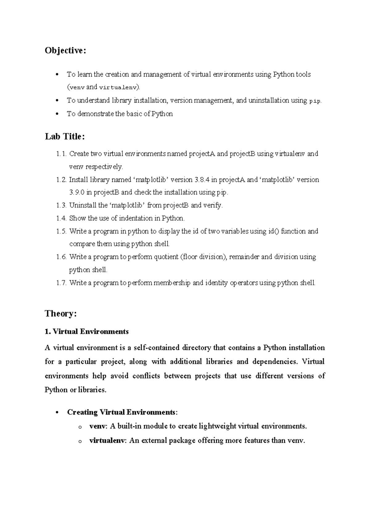 Lab1 - Python Basics: Virtual Environments & Library Management - Studocu