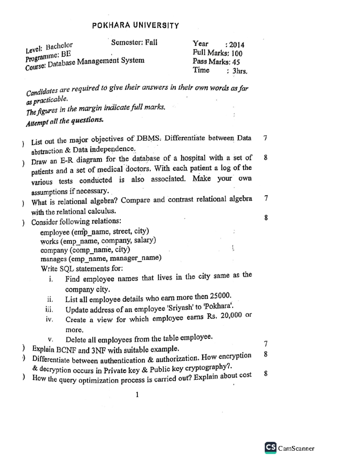DBMS Past Questions Compilation (2014-2023) for BE Students - Studocu