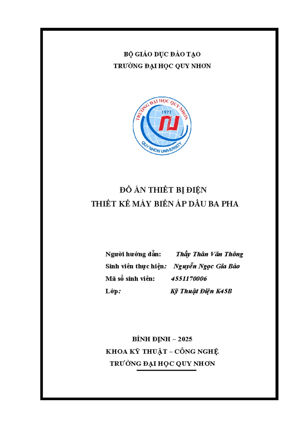 Đồ Án Thiết Bị Điện: Thiết Kế Máy Biến Áp Dầu Ba Pha - K45B - Studocu