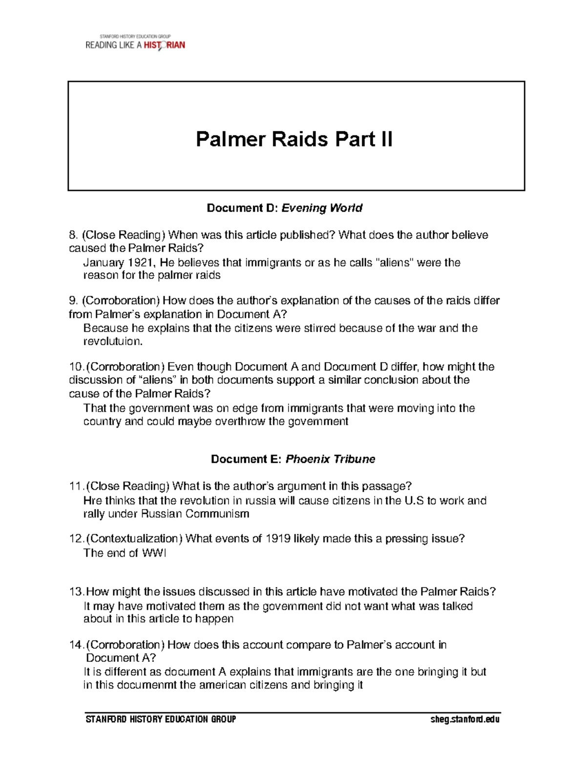 Palmer Raids Qs & Answers Part 2 Analysis and Insights - Studocu