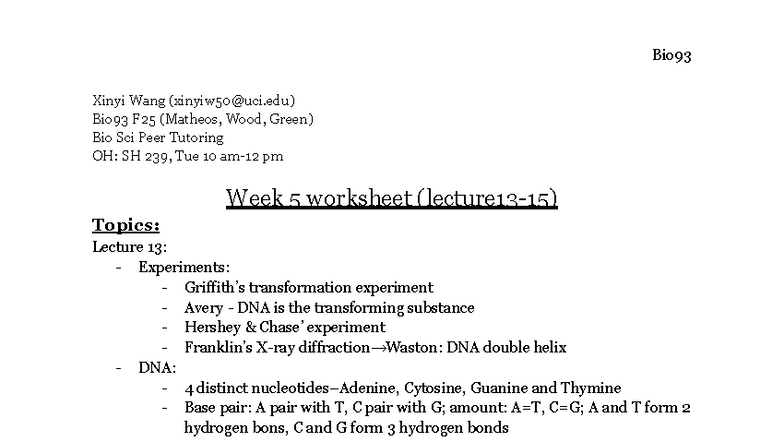 Bio93 Week 5 Worksheet: DNA Replication & Transcription Concepts - Studocu