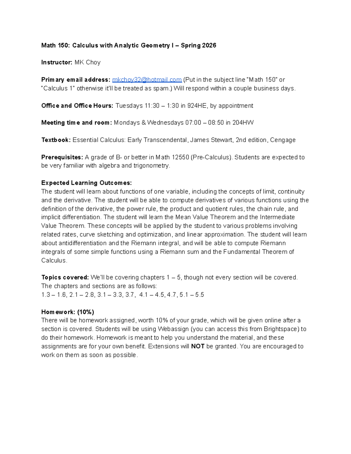 Math 150: Calculus with Analytic Geometry I Syllabus - Spring 2026 ...