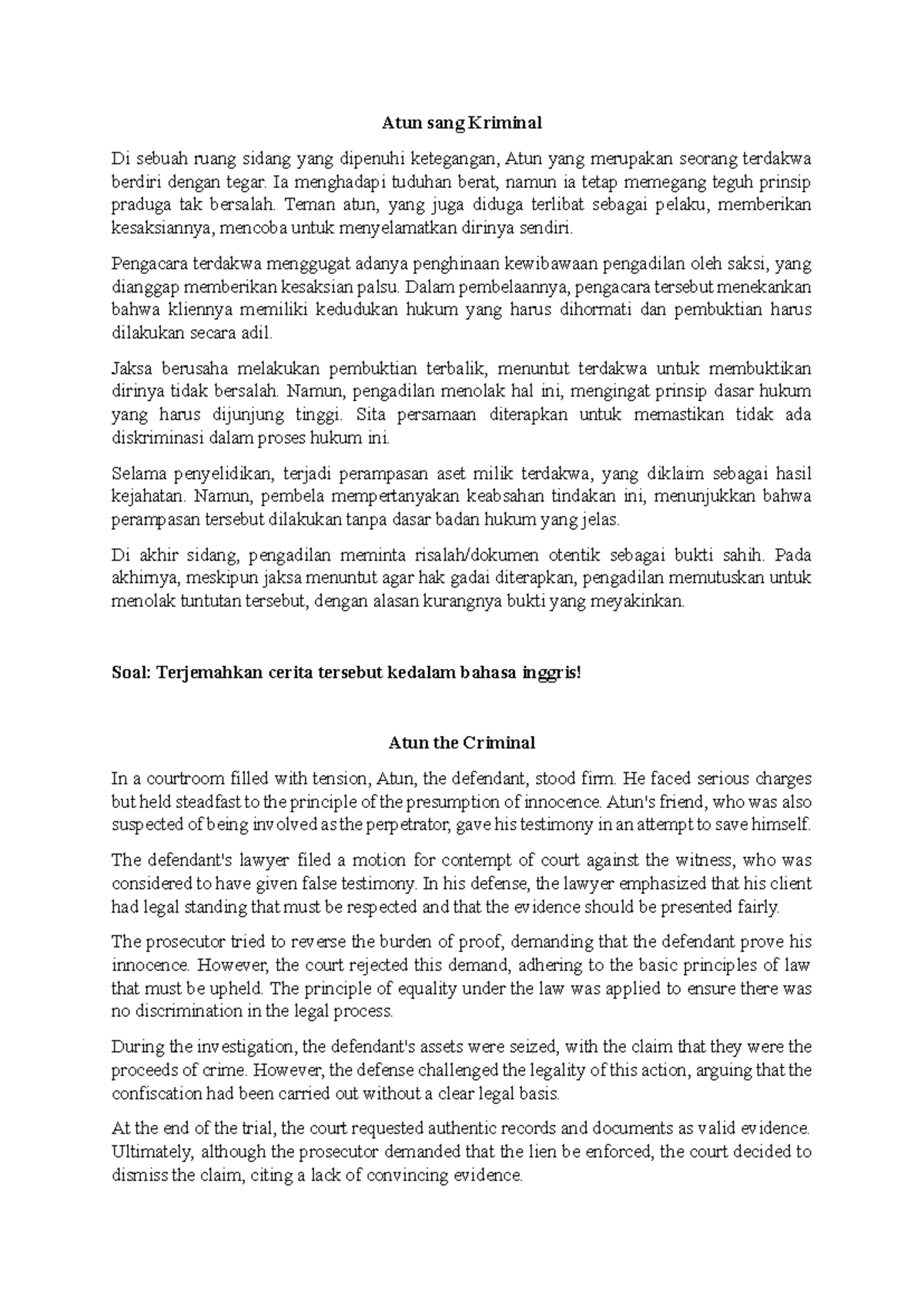 Bahasa dan Terminologi Hukum HKUM4101: Kasus Atun Sang Kriminal - Studocu