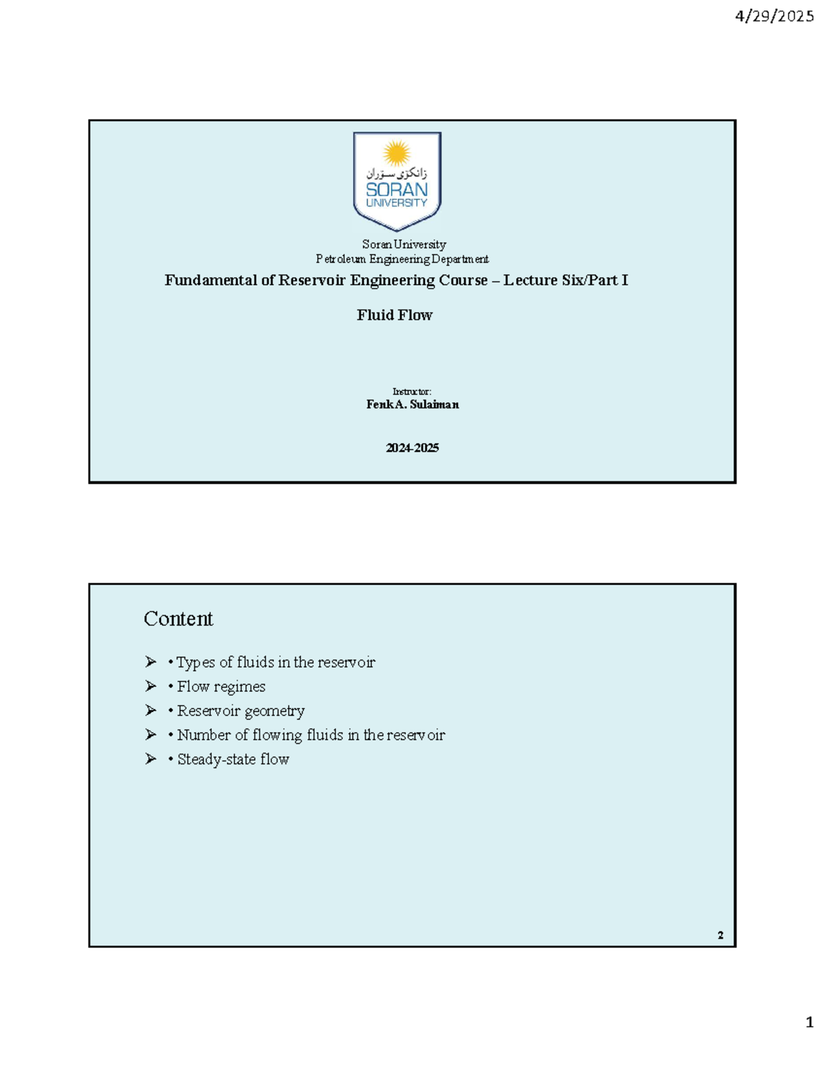 Soran University PE 101: Lecture 6 - Fluid Flow Fundamentals - Studocu