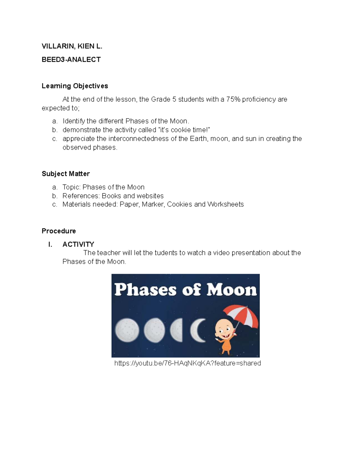 VILLARIN, KIEN L. Lesson Plan: Phases of the Moon for Grade 5 Students ...
