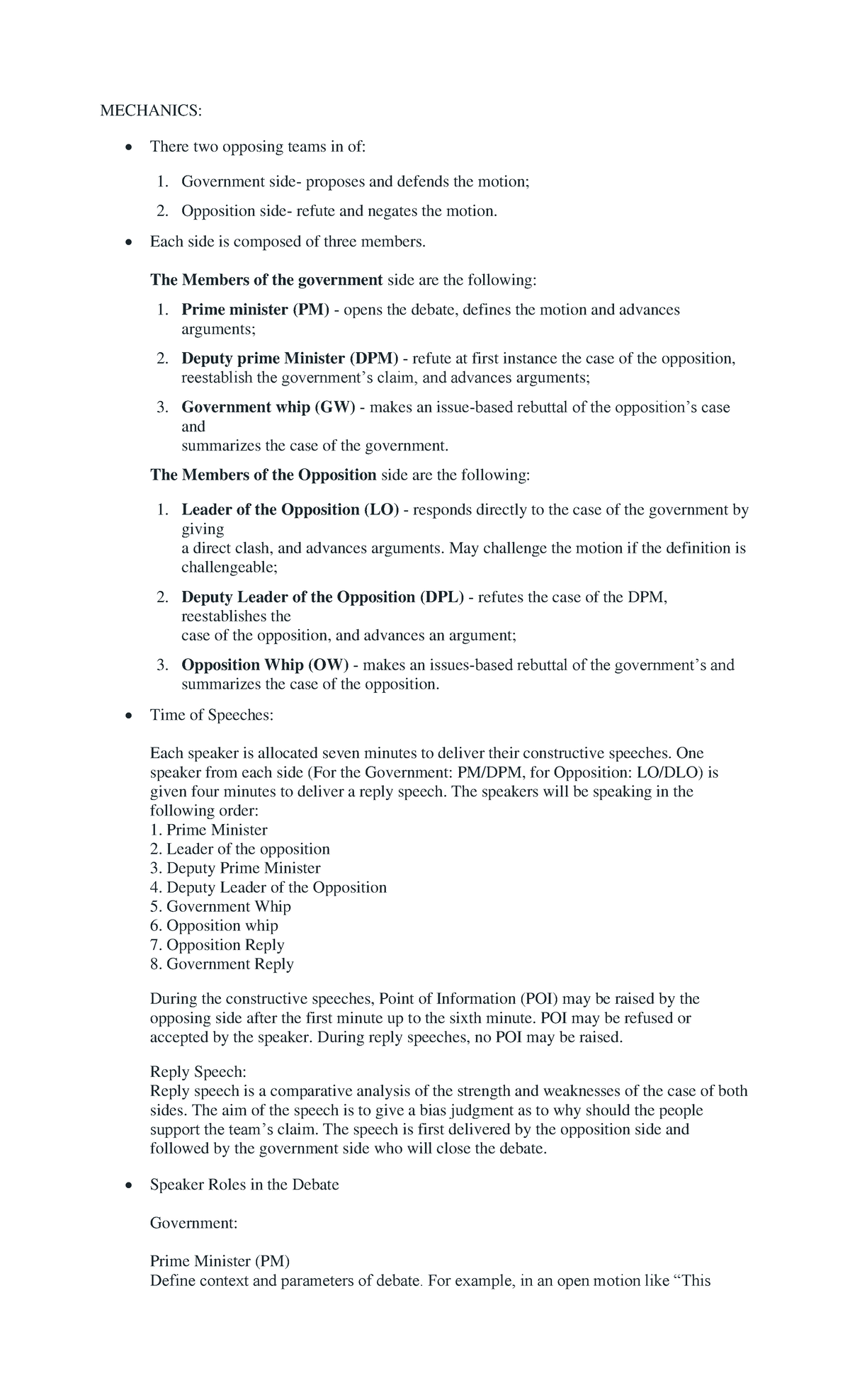 Mechanics of Debate: Team Roles and Speech Structure Guide - Studocu