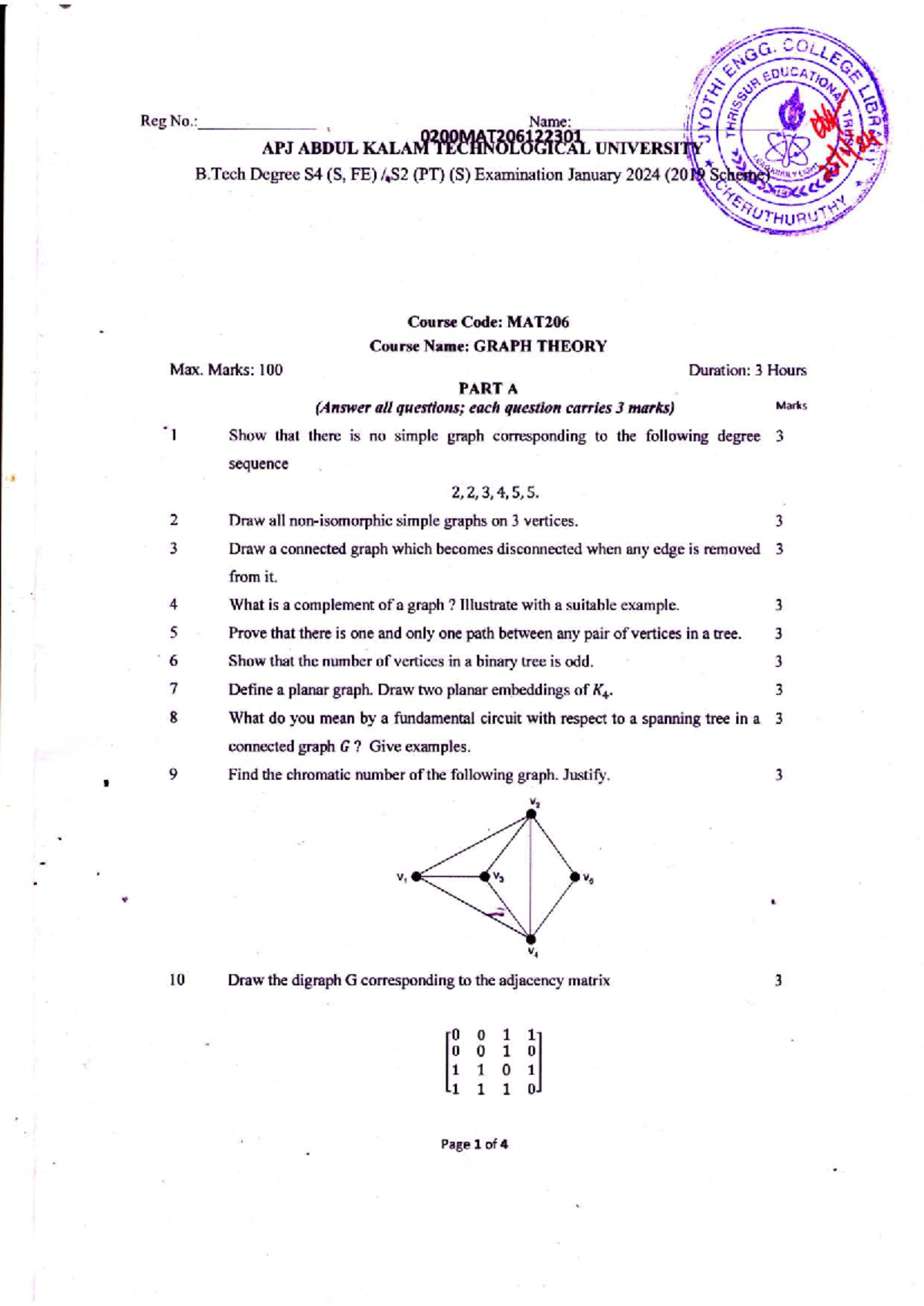 MAT206 Graph Theory Final Exam January 2024 - Degree Sequences & Graph ...