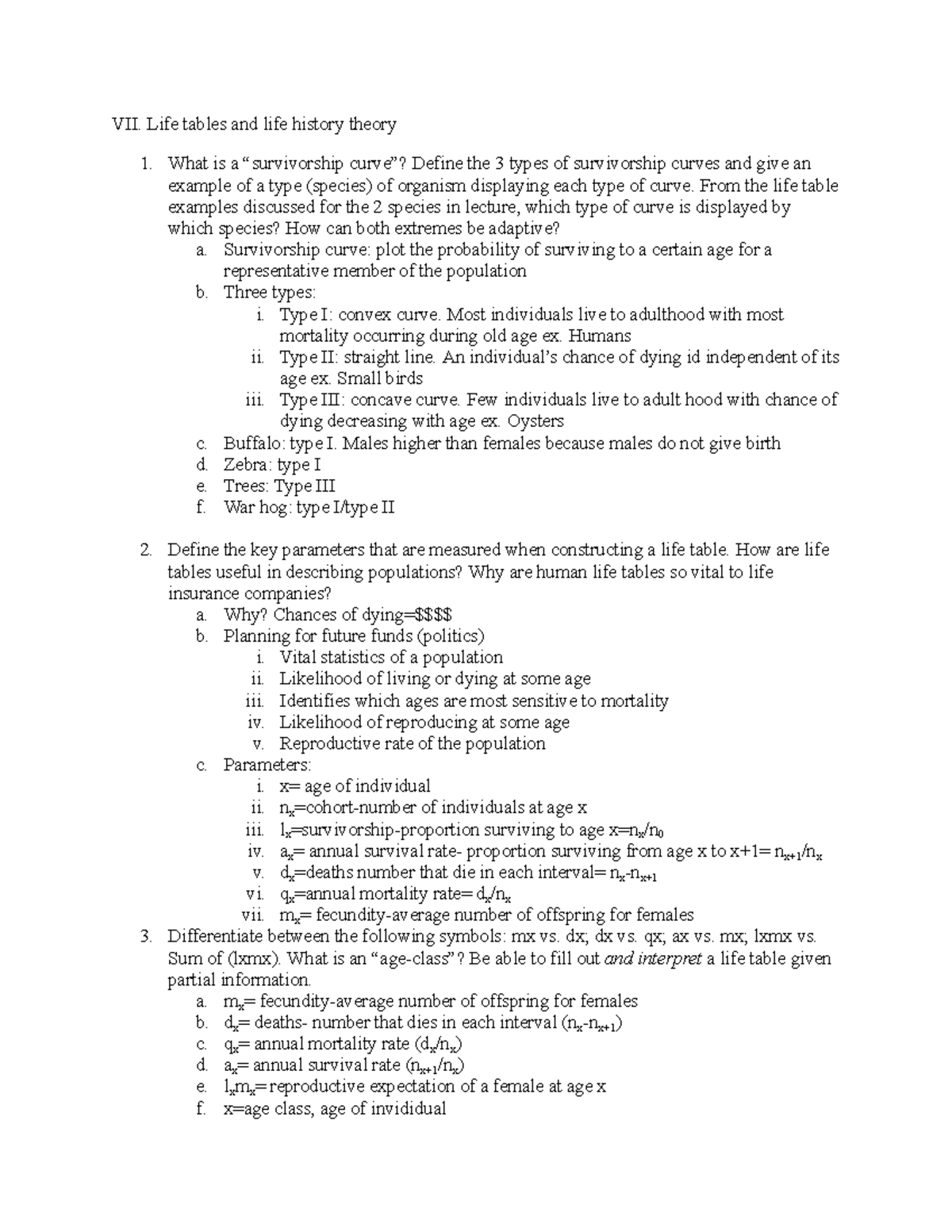BIOL 101 - Test 3 Final Practice Questions on Life Tables and Ecology ...