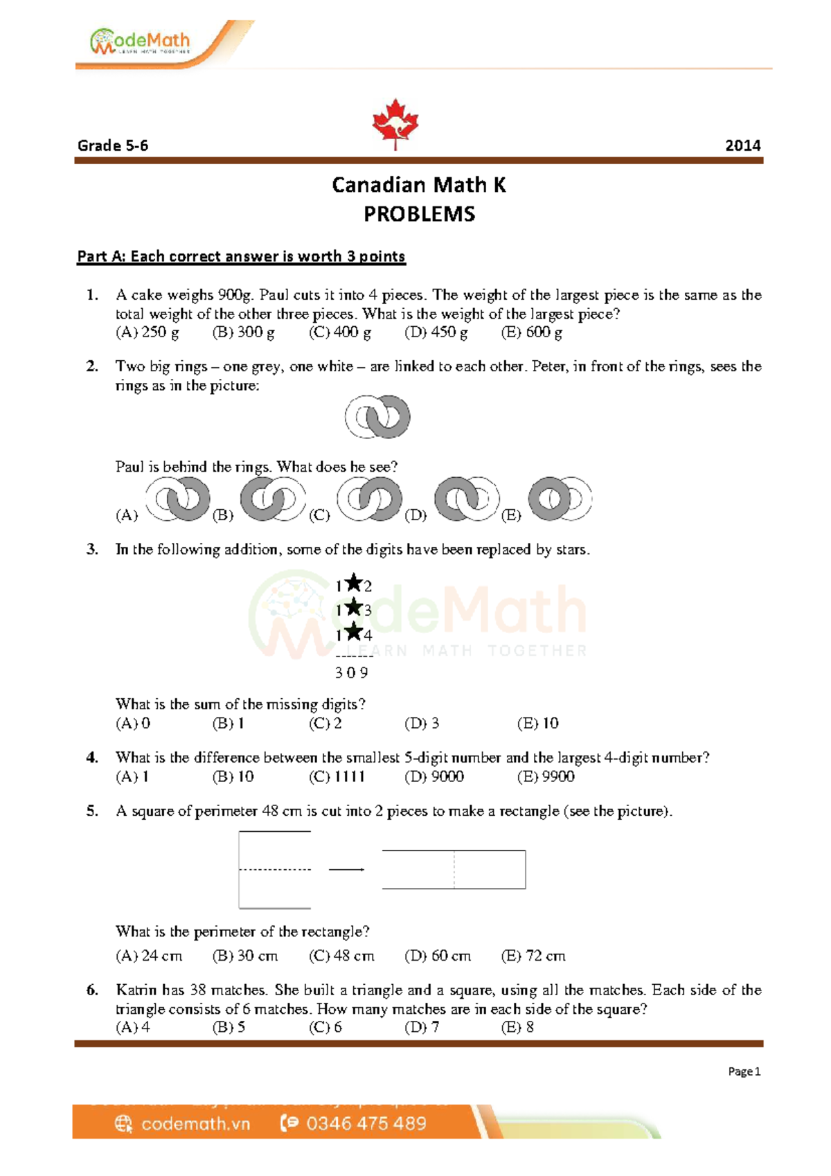 Grade 2014 Canadian Math Kangaroo Contest Problems and Solutions - Studocu