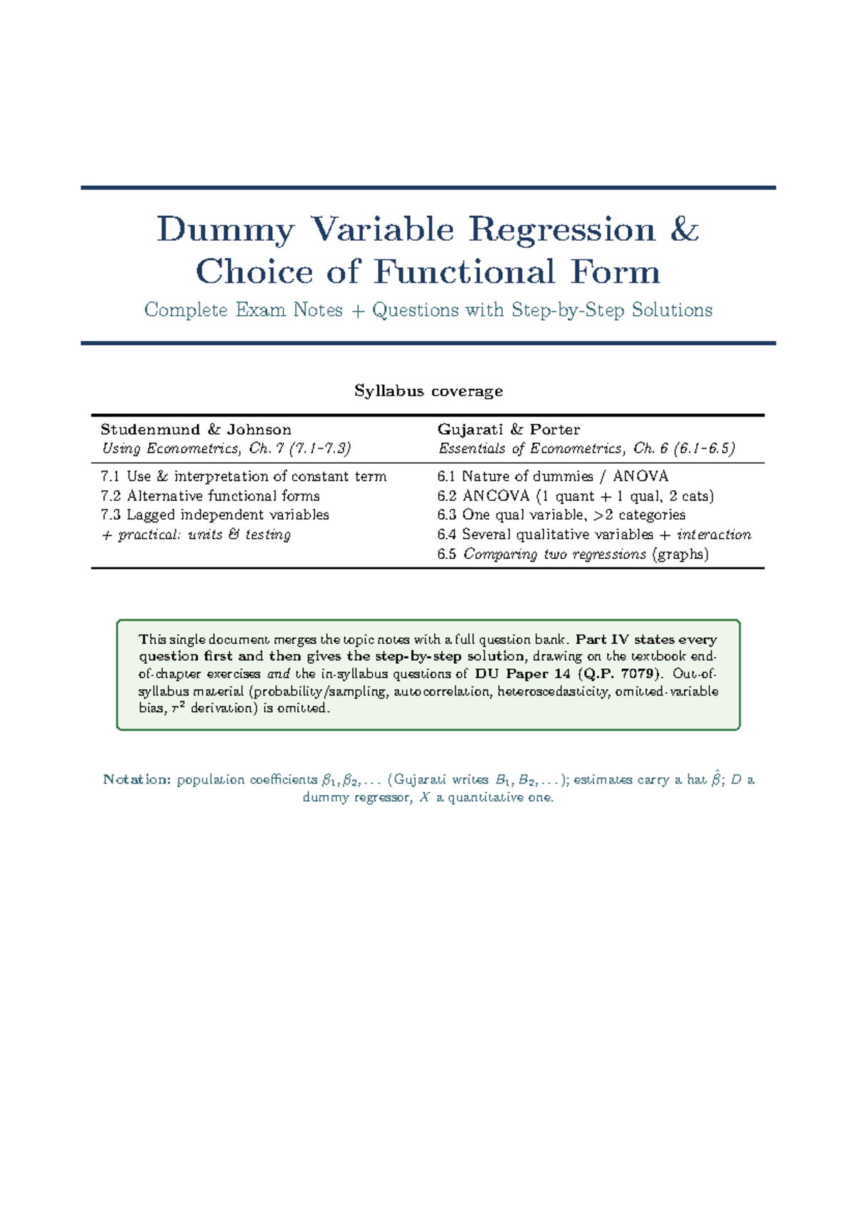Econometrics Exam Notes: Dummy Variables & Functional Forms (Studenmund ...