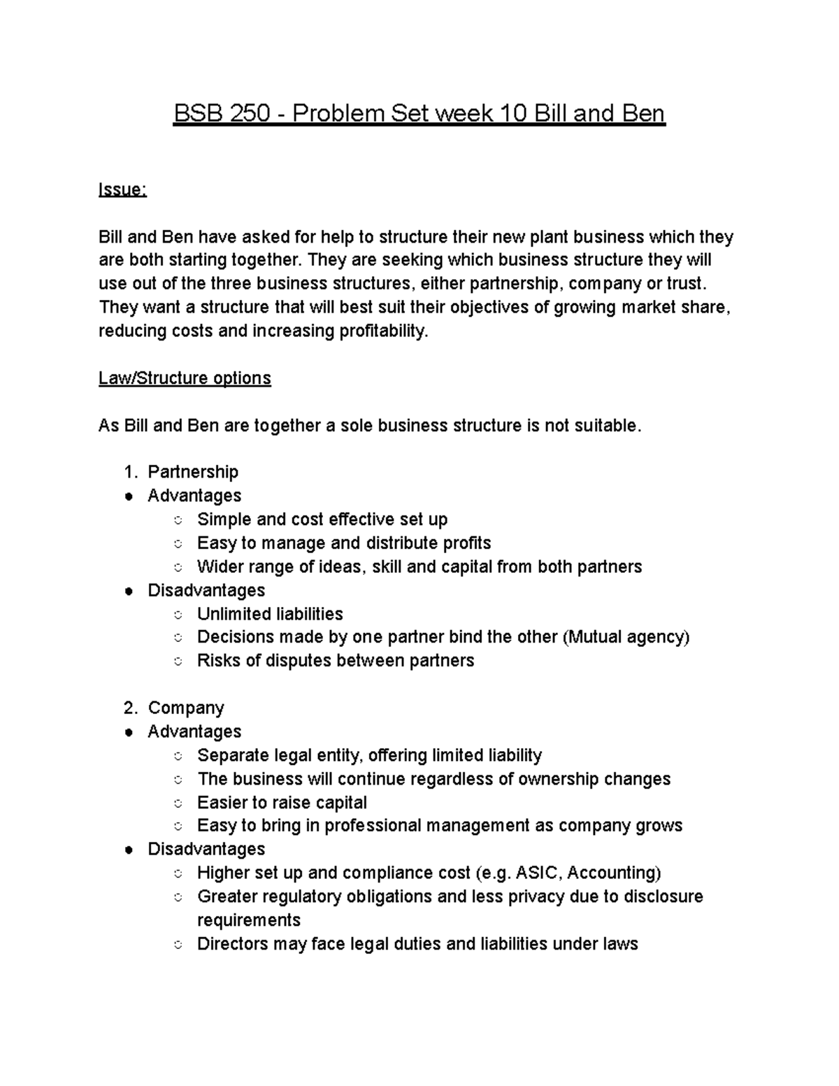 BSB 250 - Week 10 Problem Set: Business Structure for Bill and Ben ...