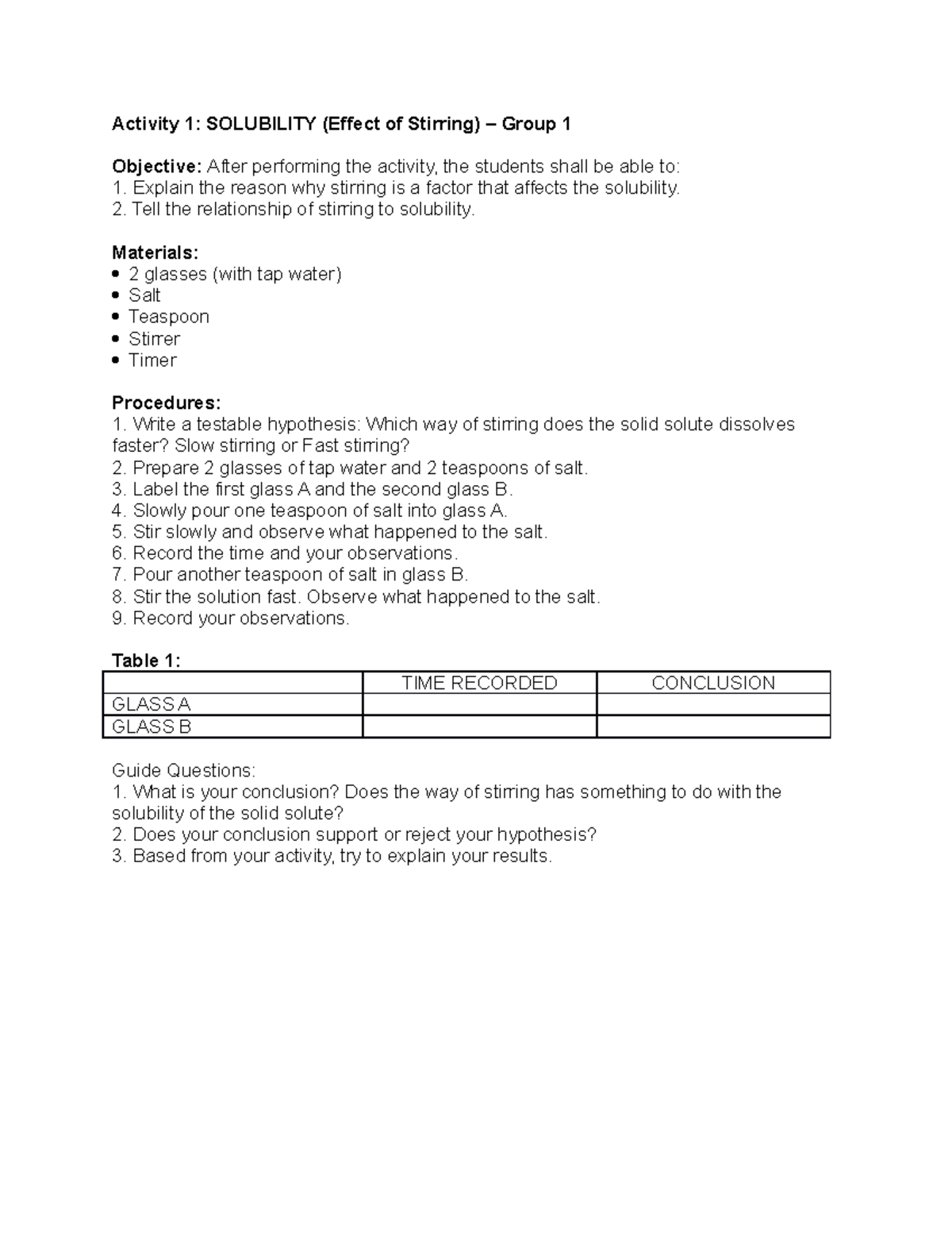 Activity - Factors Influencing Solubility: Stirring, Size & Temperature ...