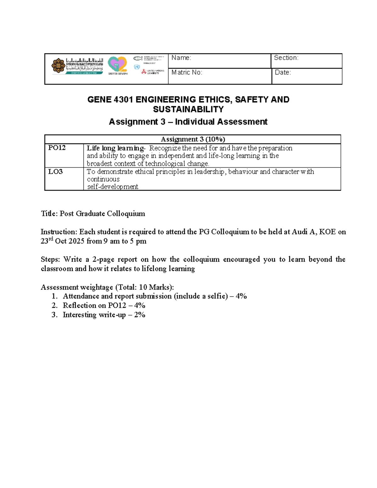 Assignment 3 GENE 4301 - Lifelong Learning Reflection Report - Studocu