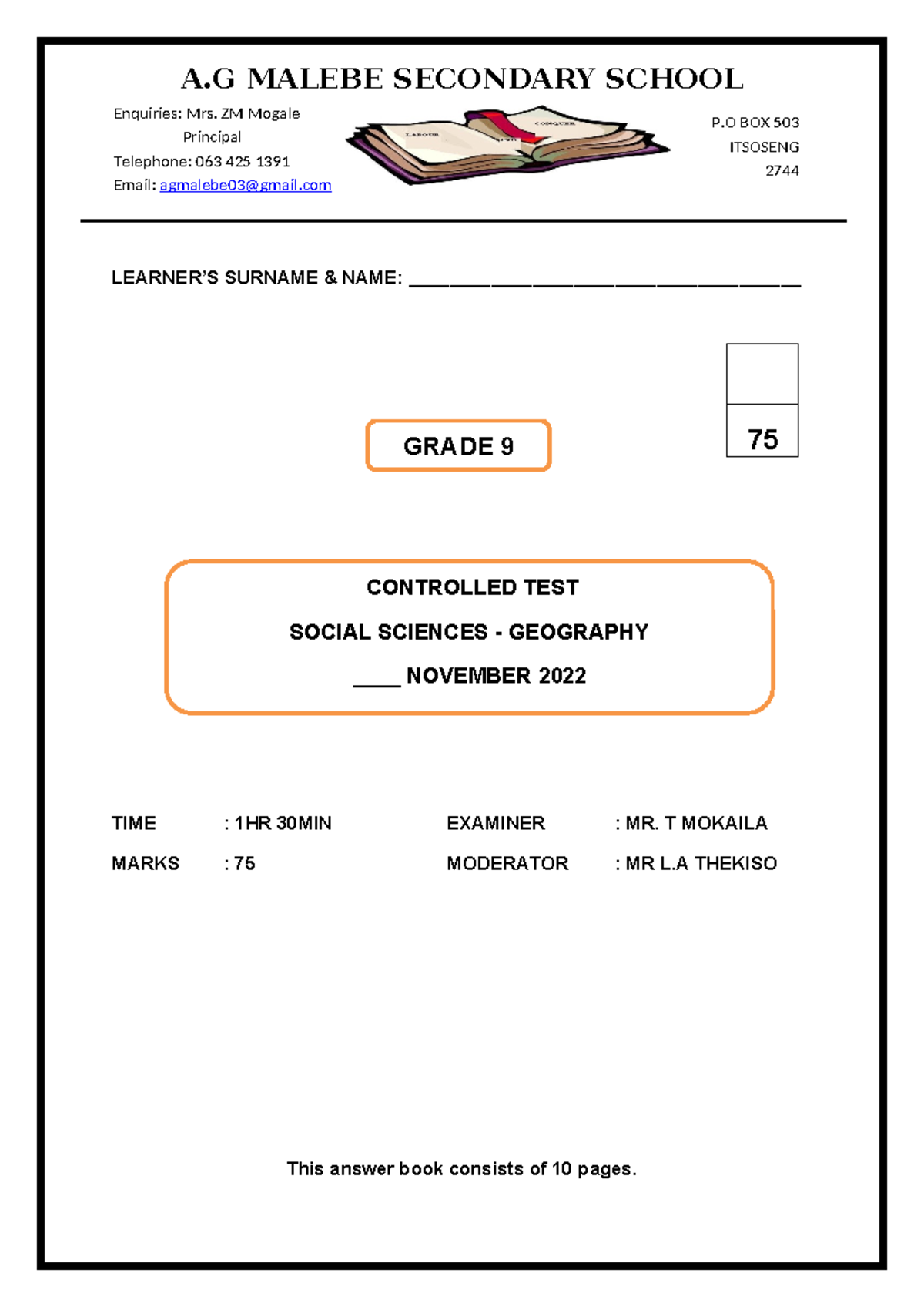 GRD 9 GEO Controlled Test November 2022 - Physical Geography ...