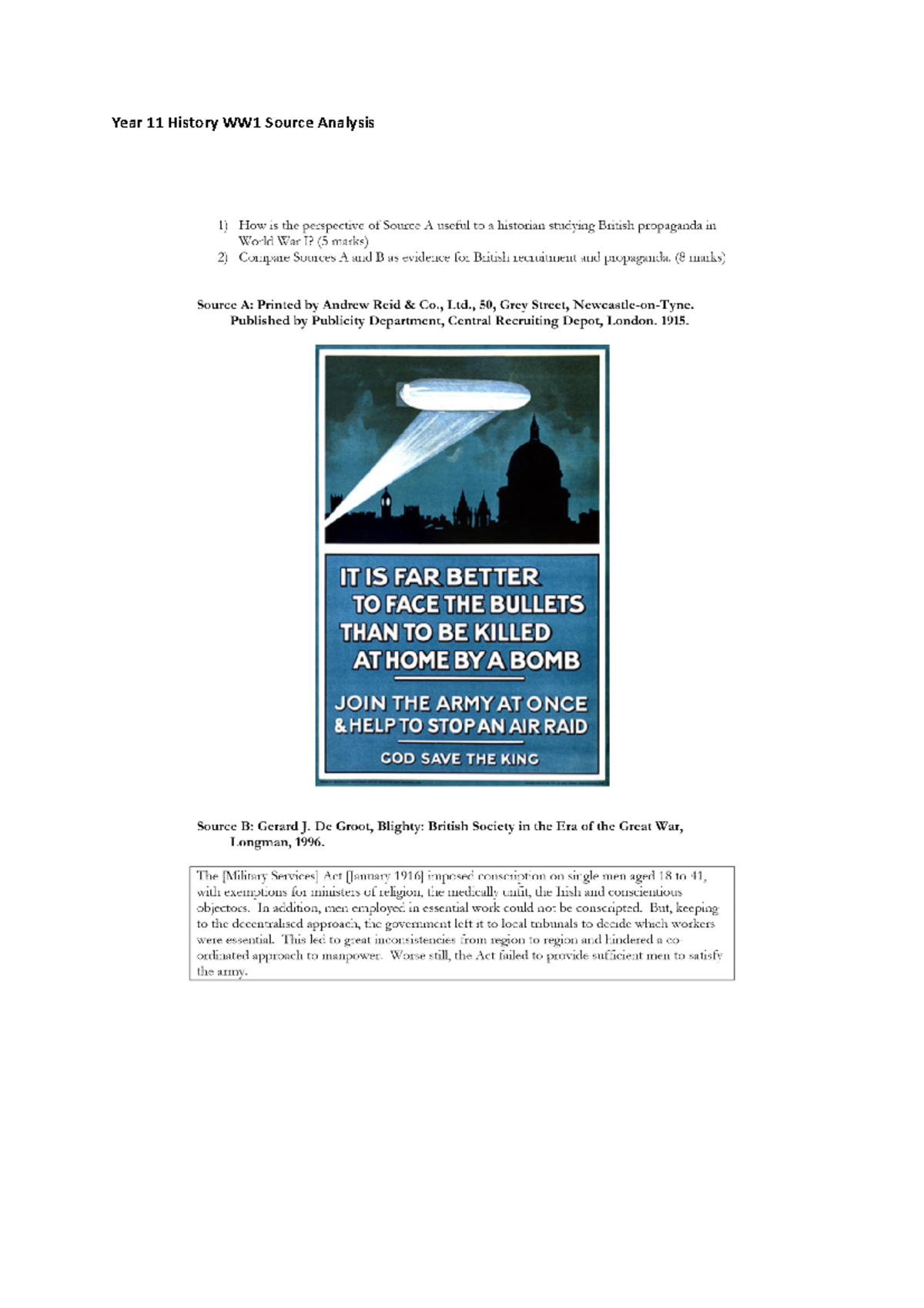 HSC Preliminary Year 11 History: WW1 Source Analysis Guide - Studocu
