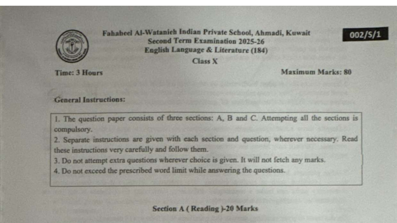English Term 2 Examination (184) Class X - Literature Paper - Studocu