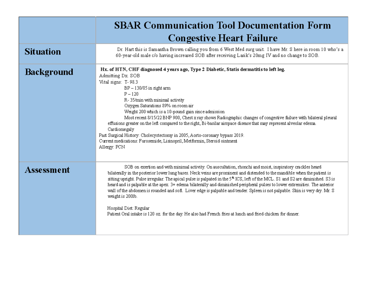 CHF - SBAR Communication Tool Documentation for Congestive Heart ...