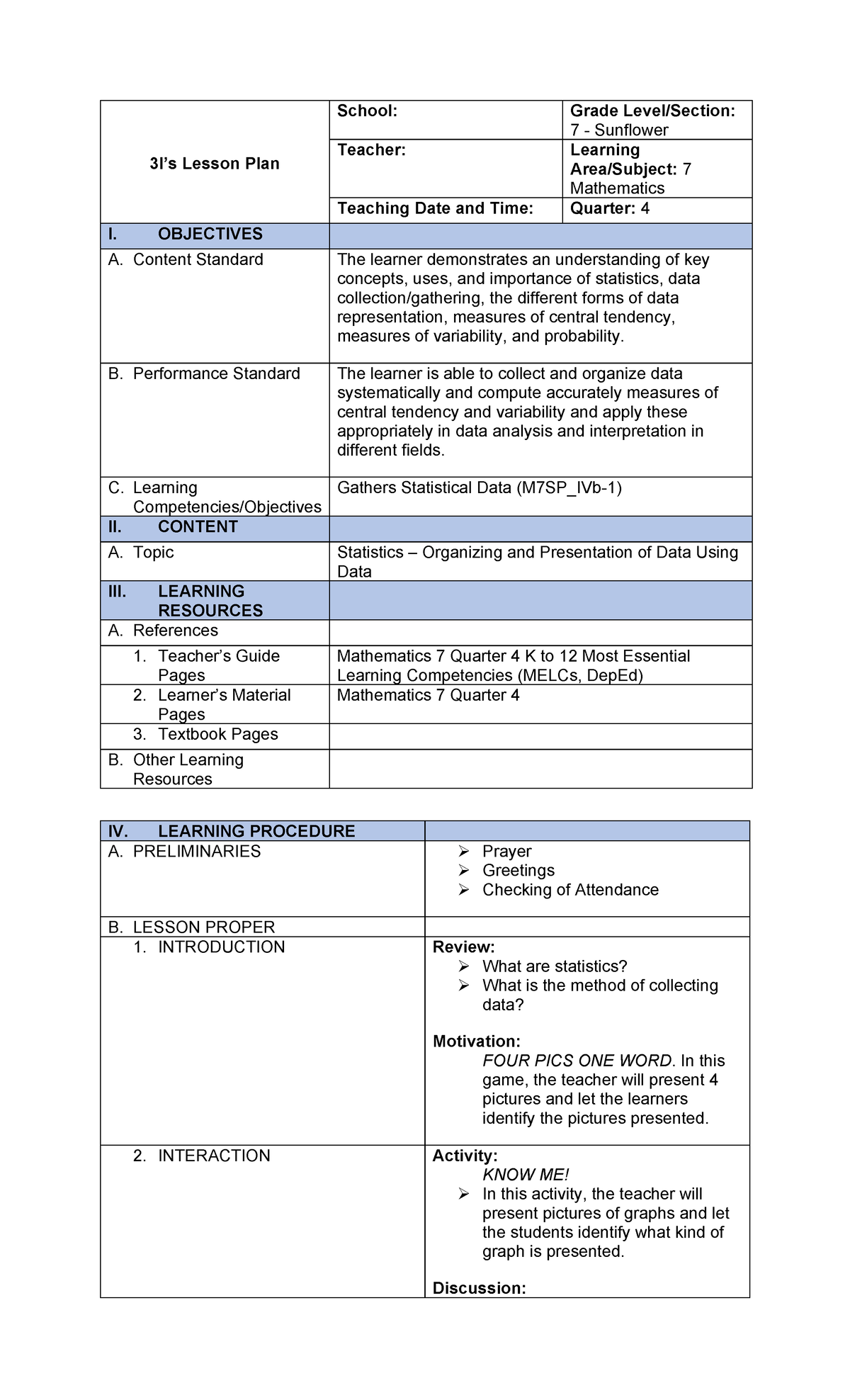 7th Grade Math Lesson Plan: Statistics & Data Presentation (Q4) - Studocu