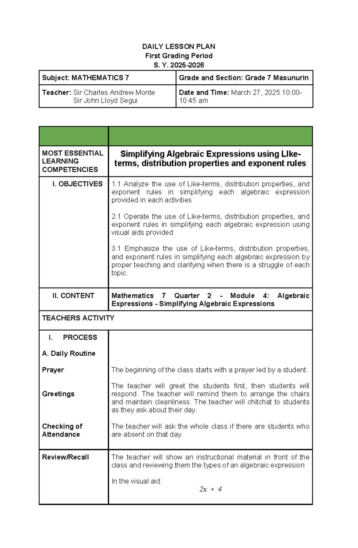 DAILY LESSON PLAN: Simplifying Algebraic Expressions - Math 7 (S.Y ...