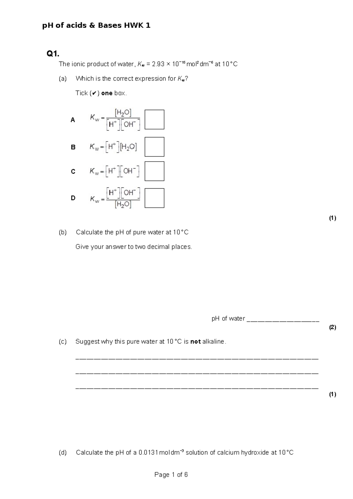 pH of Acids & Bases HWK 1: Calculations and Concepts - Studocu