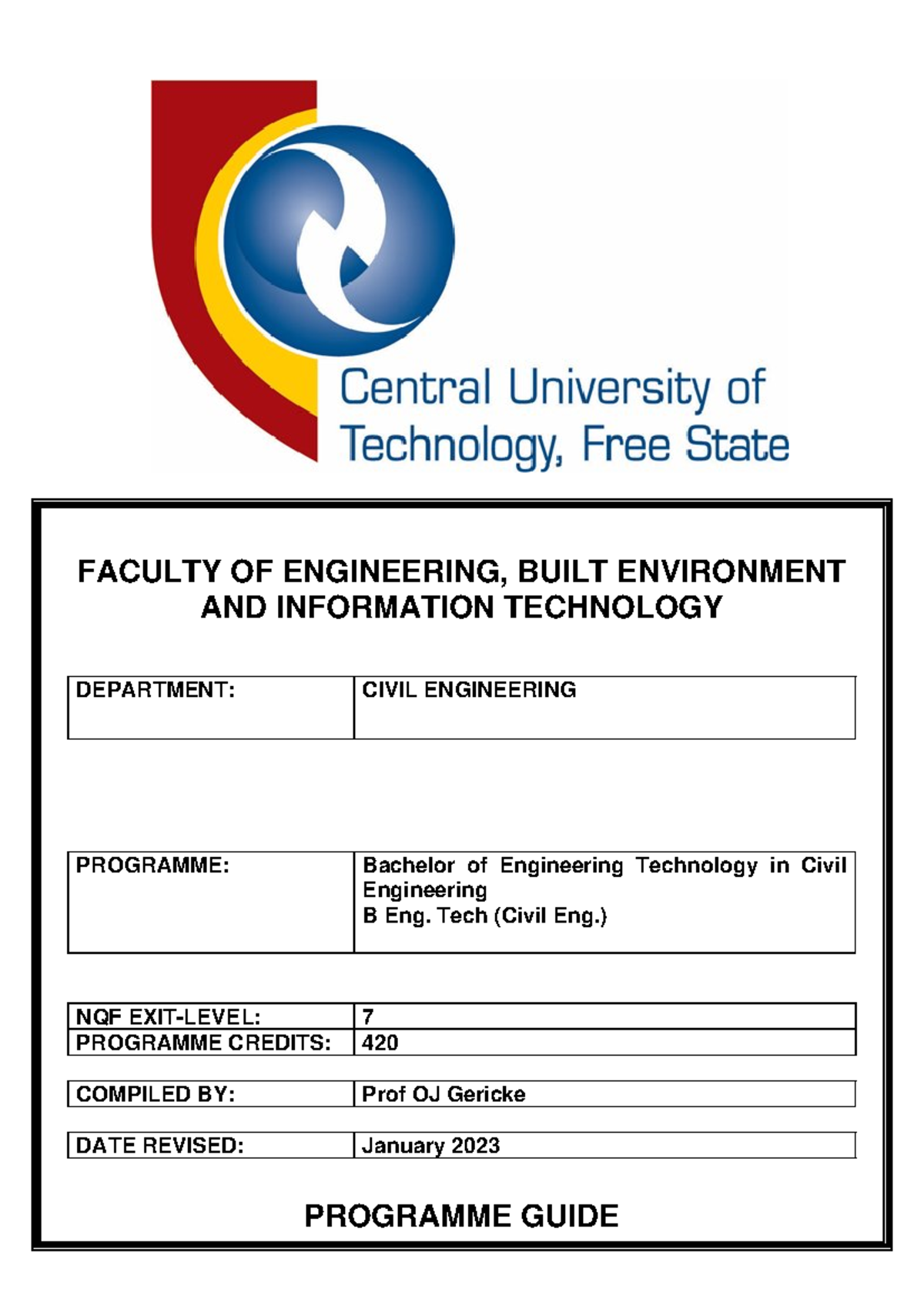 2023 Programme Guide BEng Tech Civil - FACULTY OF ENGINEERING, BUILT ...